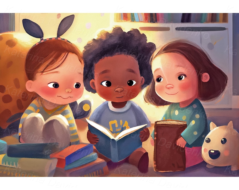 Clipart Set of Cartoon Little Kids Reading Books. Cute Boys and Girls ...