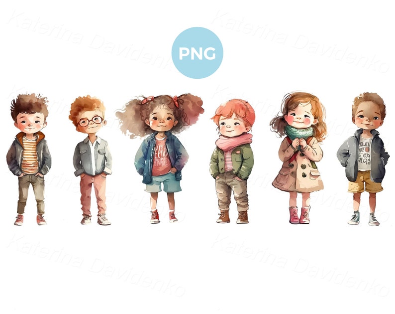 Cartoon Little Kids Standing in a Row, PNG Clipart, Watercolor Smiling ...