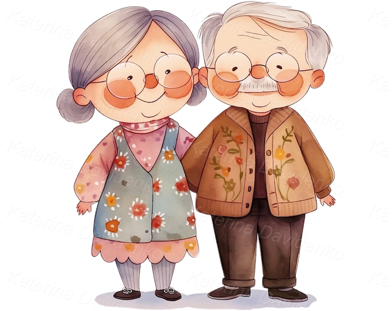 Collection of Happy Elderly Couples. Cartoon Grandparents PNG Clipart ...