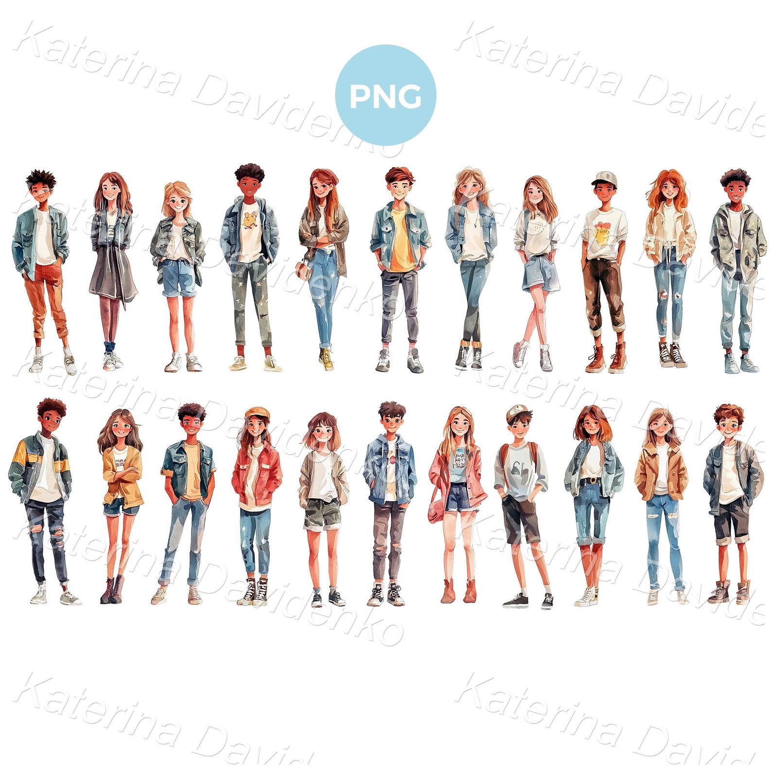 Teenager Clipart Set, Isolated Cartoon Characters, Png Teens Watercolor ...