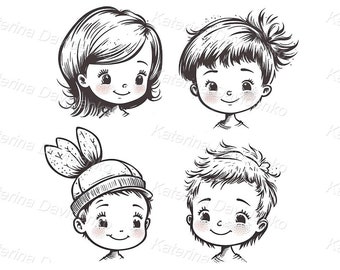 Kids Faces Svg Png Dxf, Doodle Boys Girls Head Clipart, Children Faces ...