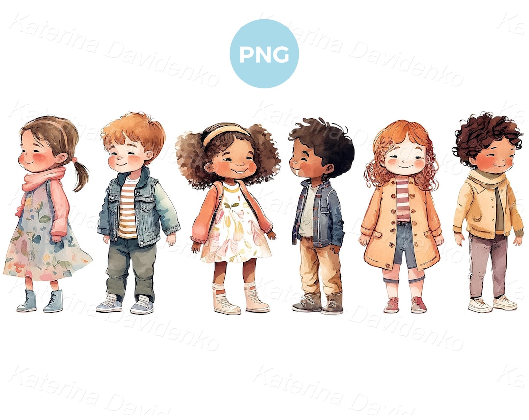 Smiling Little Cartoon Kids Clipart. Cute Girls and Boys Standing in a ...