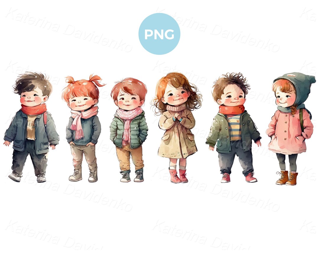 Children in Winter Casual Clothes Standing in a Row, Isolated ...