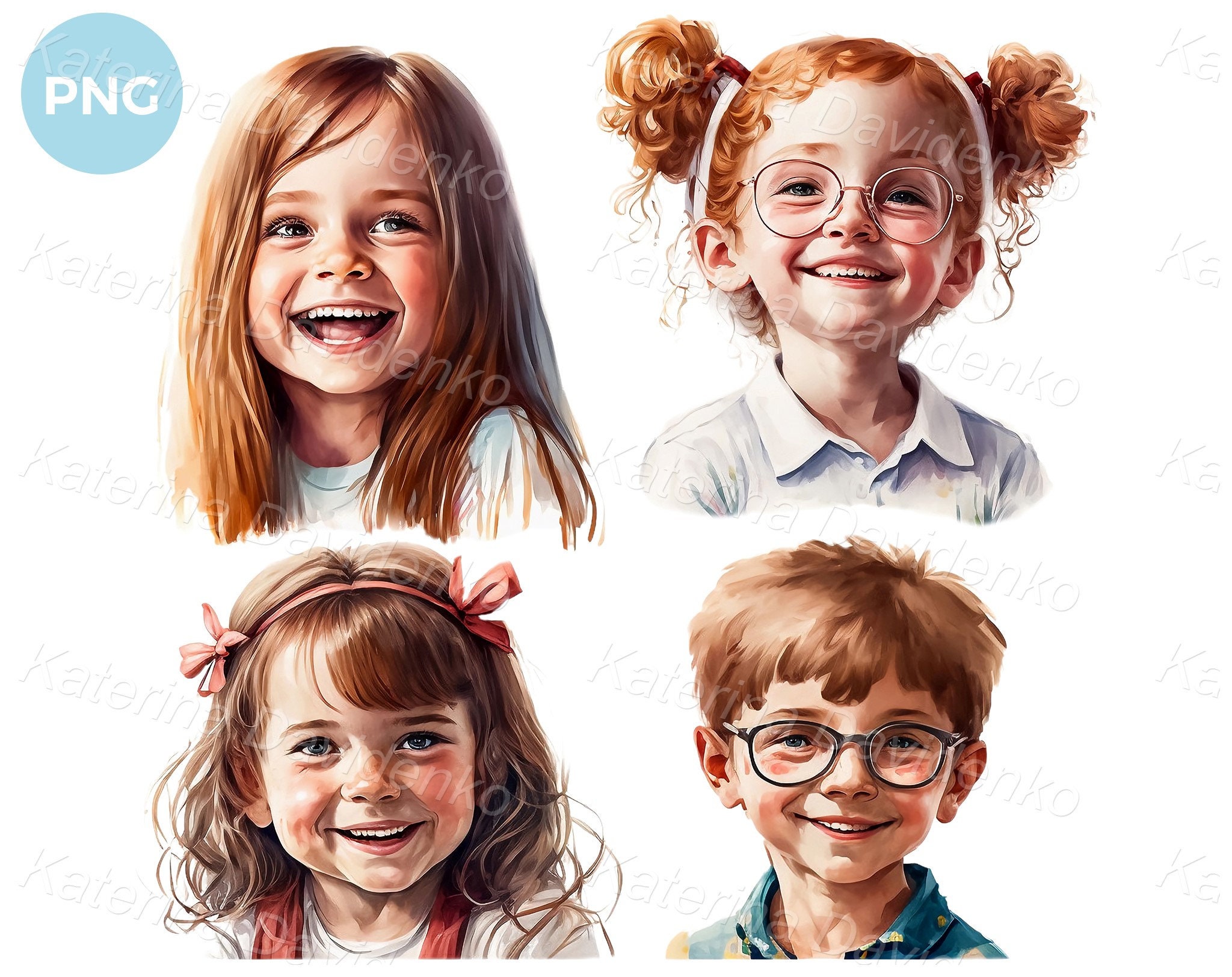 Happy Children Faces, Realistic Kids PNG Clipart, Watercolor ...