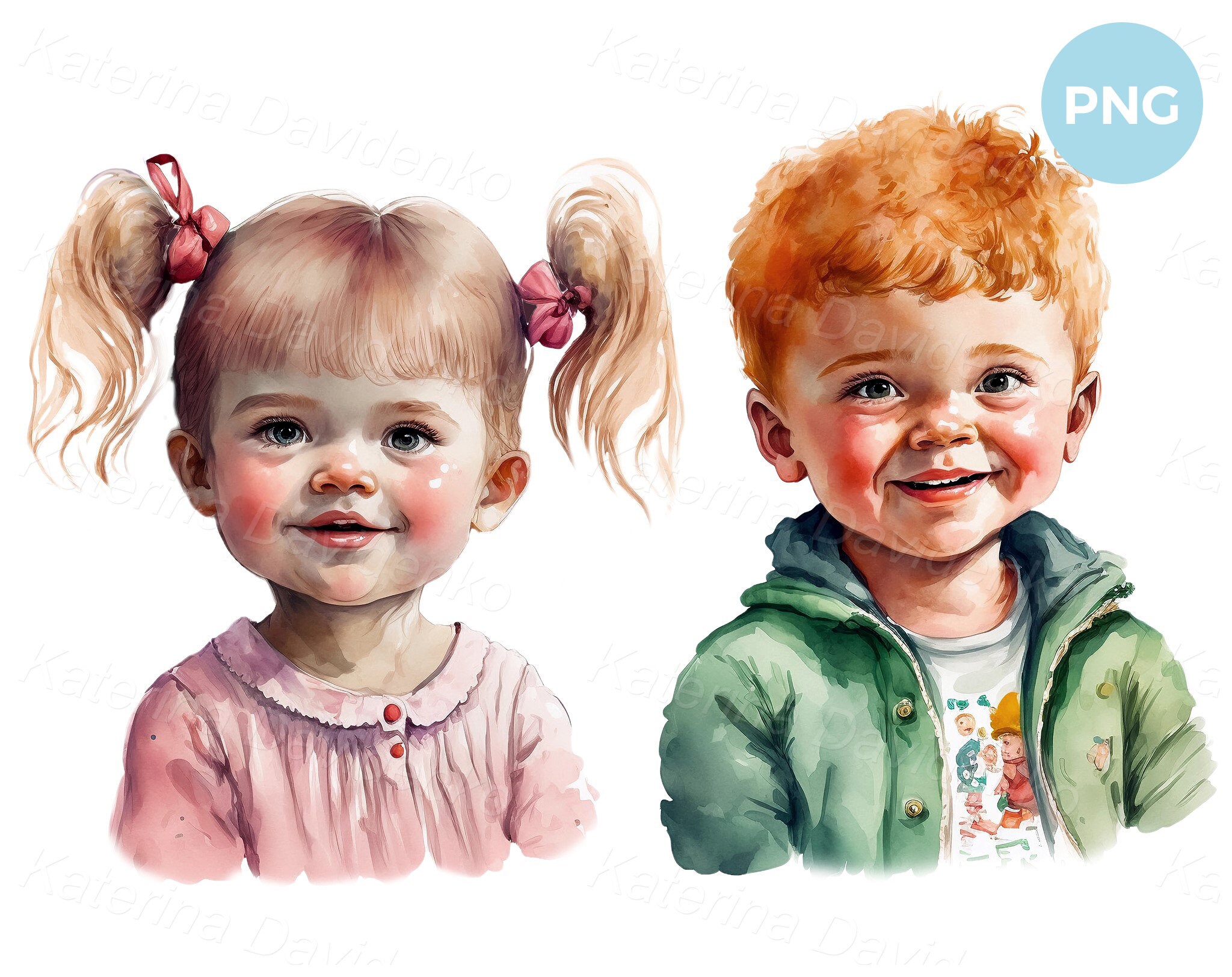 Watercolor Illustration of Happy Little Children, Boy and Girl Faces ...