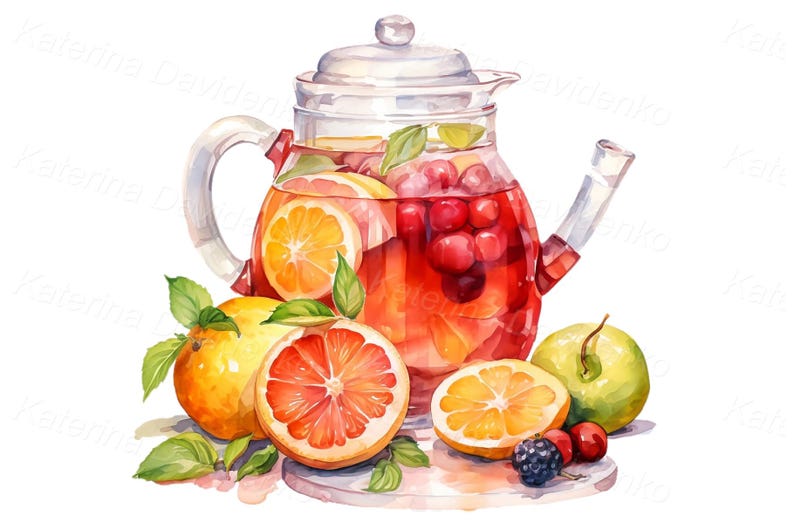 Watercolor Fruit Tea Clipart PNG, Herbal Tea Cups Set - Etsy