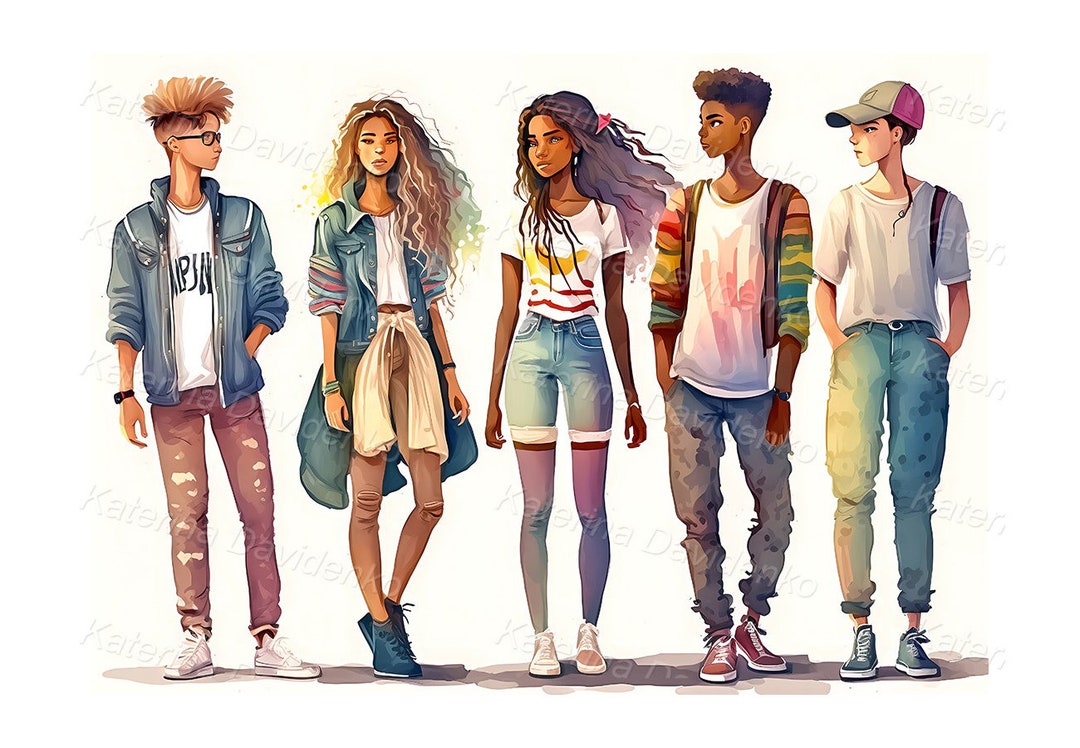 Watercolor Illustration of a Group of Teenagers Standing in a Row ...