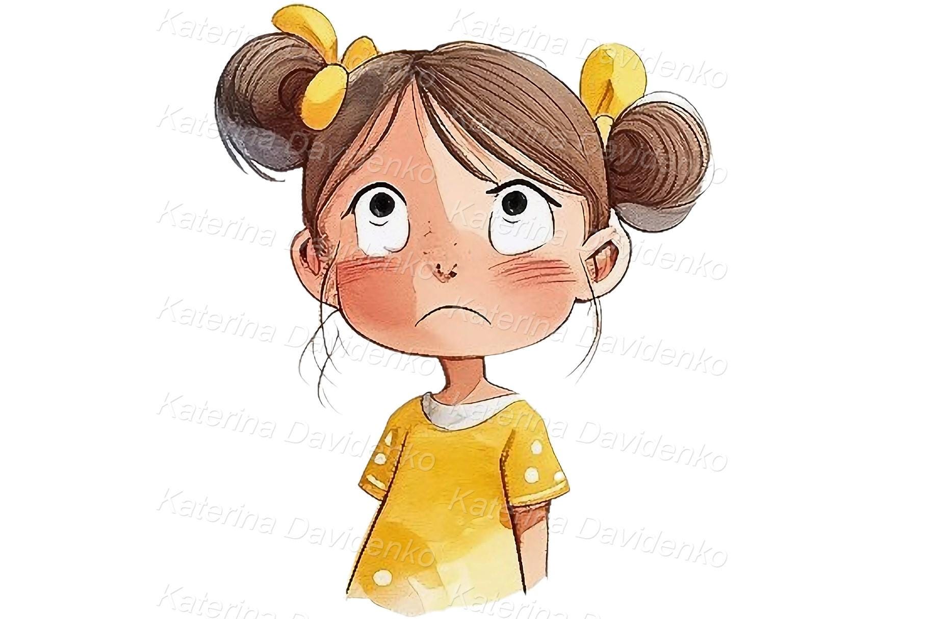 Kids Emotions PNG Clipart Set. Cartoon Little Girl With Different ...