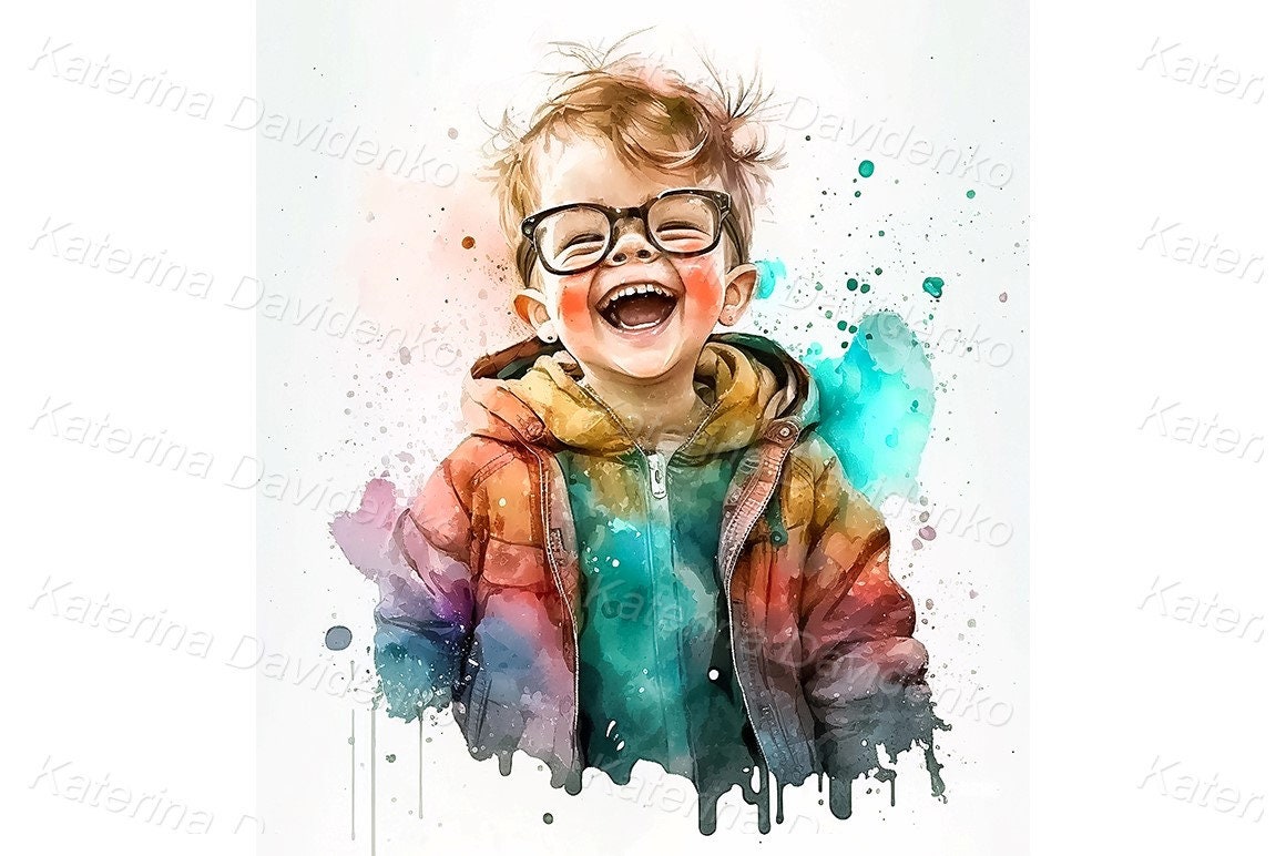 Printable Digital Watercolor Portrait of a Happy Laughing Little Boy in ...
