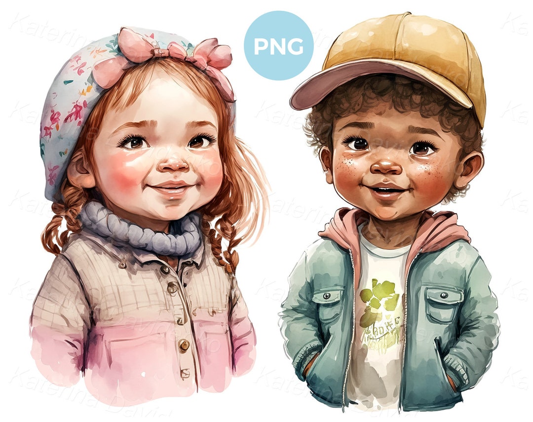 Watercolor Painting, Portrait of Happy Little Children, Boy and Girl ...