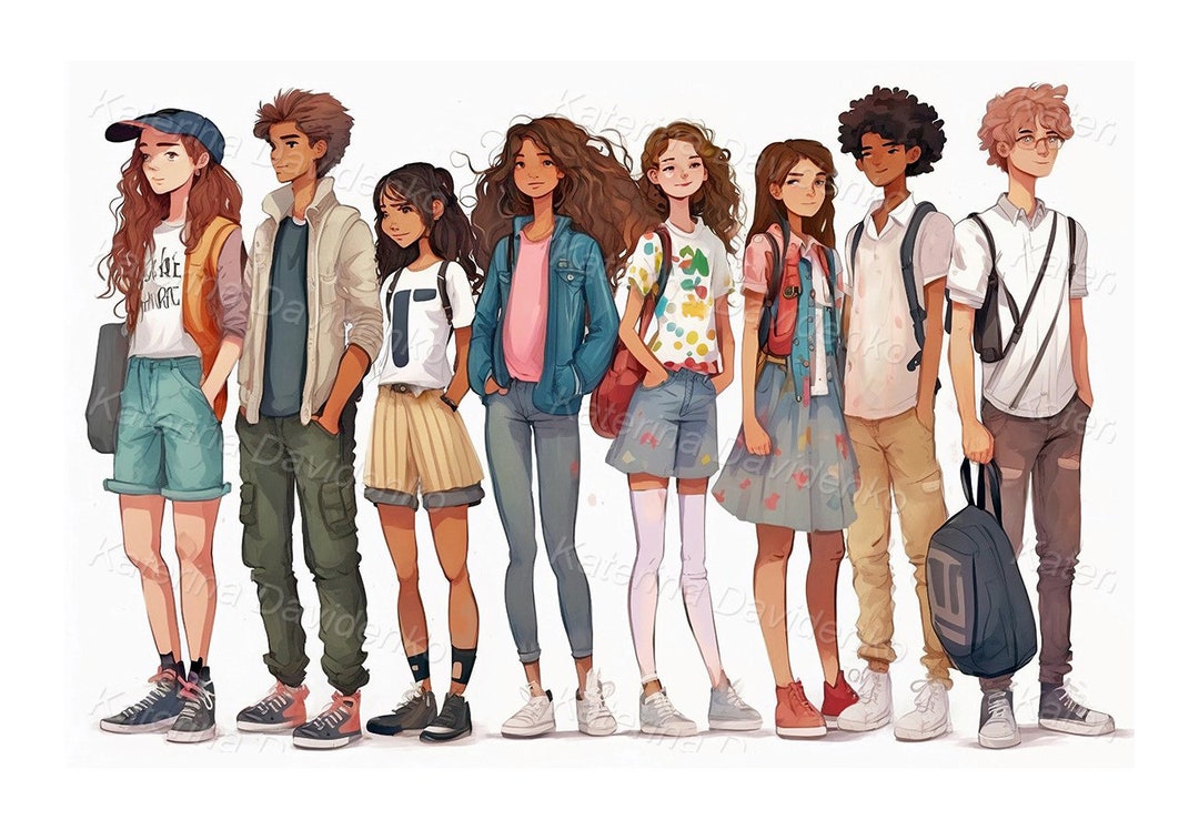 Group of Stylish Cartoon Teenagers Standing Together, Isolated on White ...