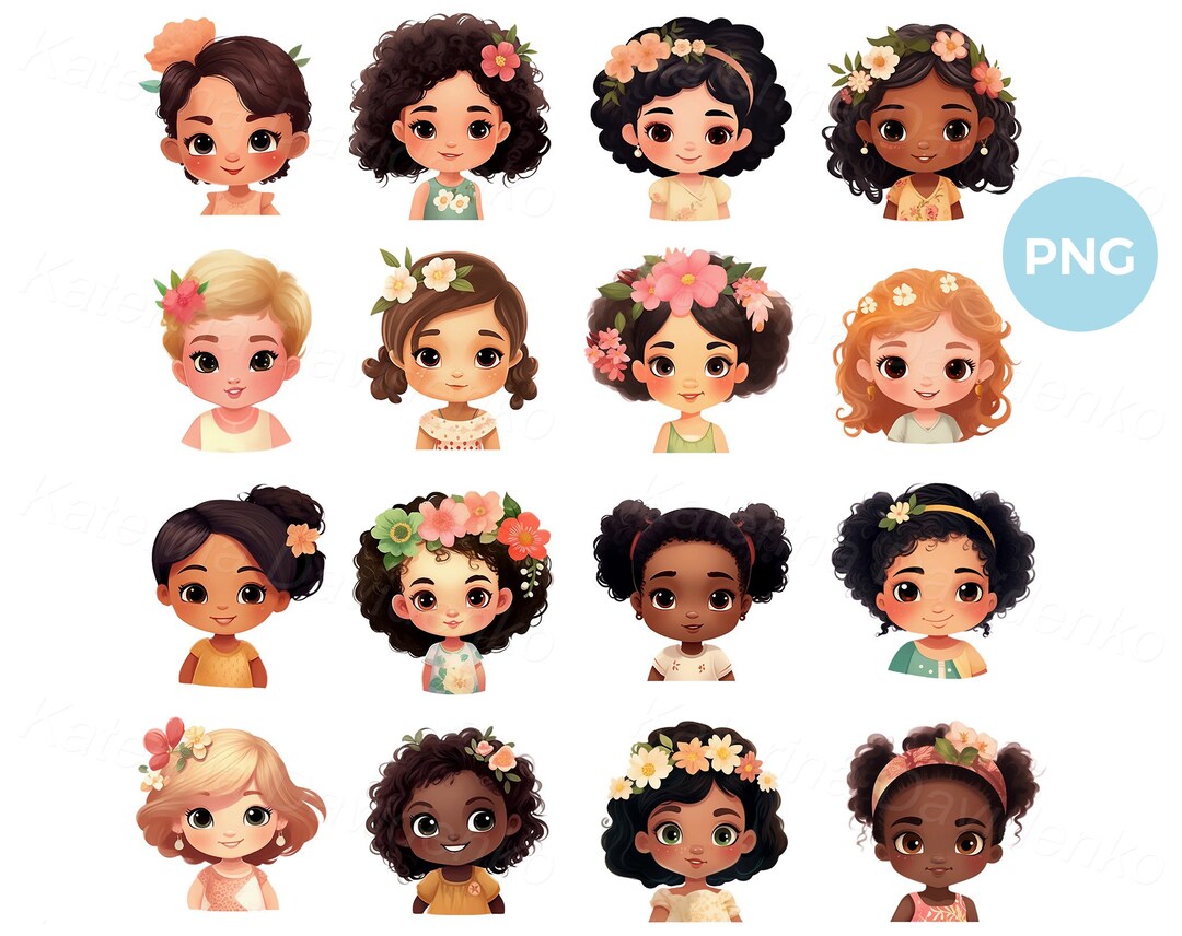 Collection of Cartoon Little Girls Faces PNG Clipart, Kids Avatar Set ...