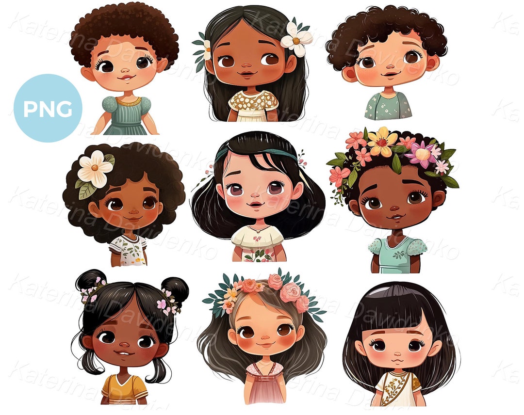 Set of PNG Cartoon Girls Faces Clipart, Children Avatars, Kids Faces ...