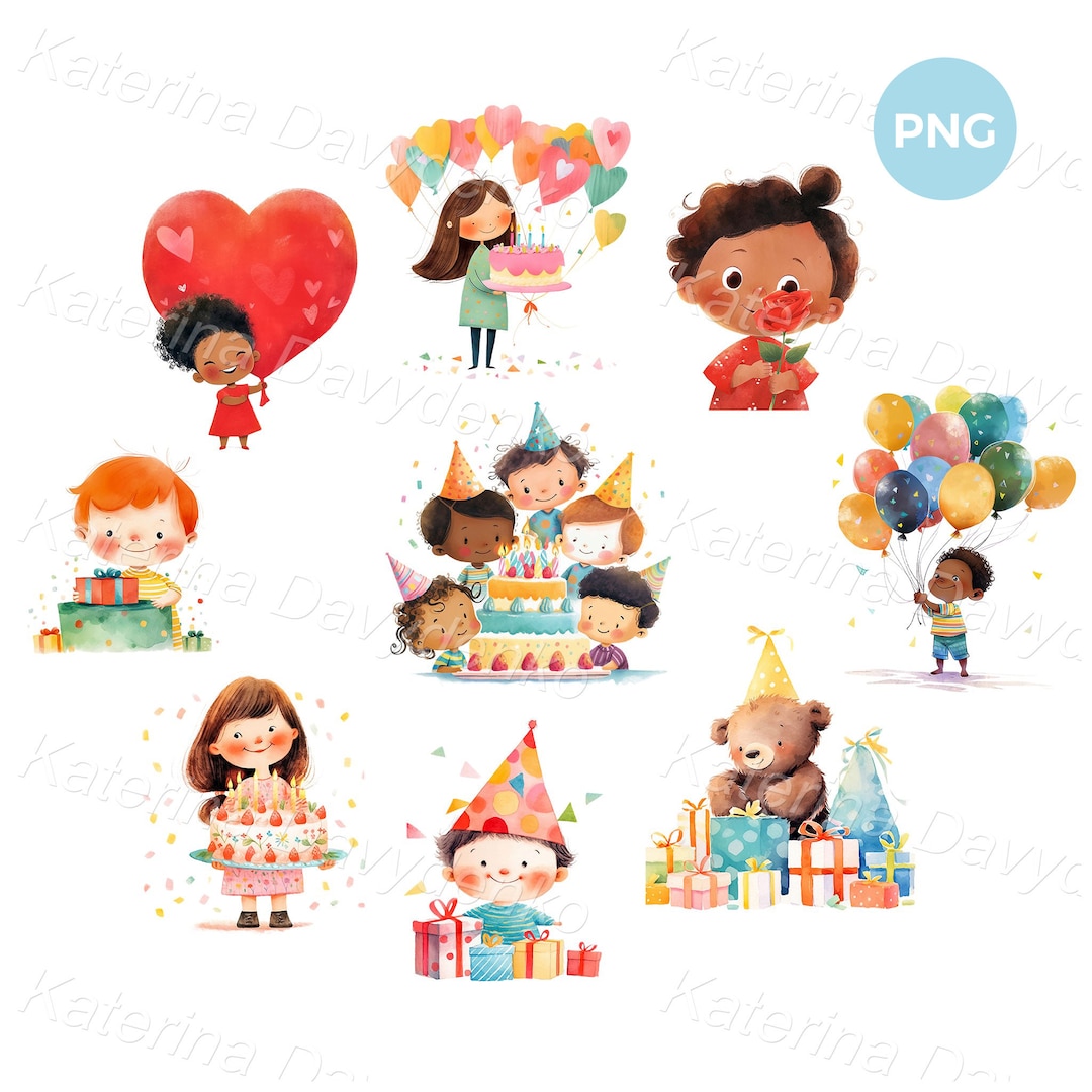 Cartoon Kids With Birthday Cake Clipart Set, Kids With Gifts and ...