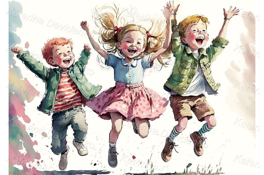 Kid Clip Art. Three Happy Kids Playing Outdors. Funny Children Jumping ...