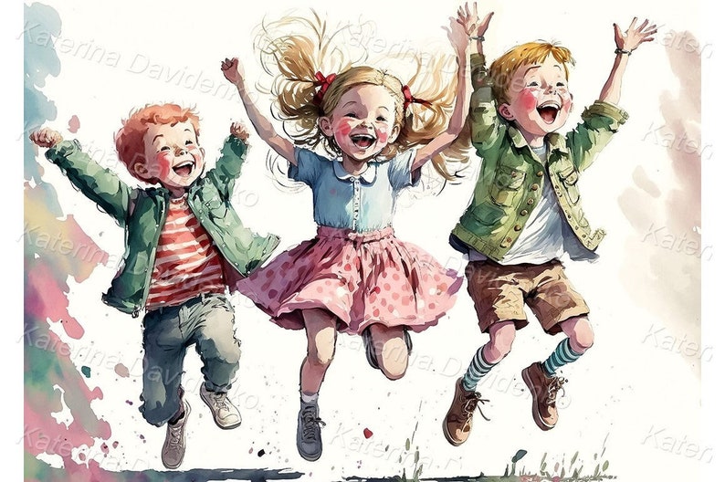 Kid Clip Art. Three Happy Kids Playing Outdors. Funny Children Jumping ...