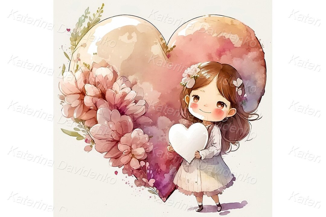 Cute Little Girl Holding a Heart on Background of Flowers Heart ...