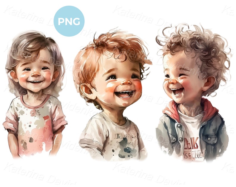 Three Happy Laughing Faces of a Cute Baby Boys and Girl, Watercolor ...