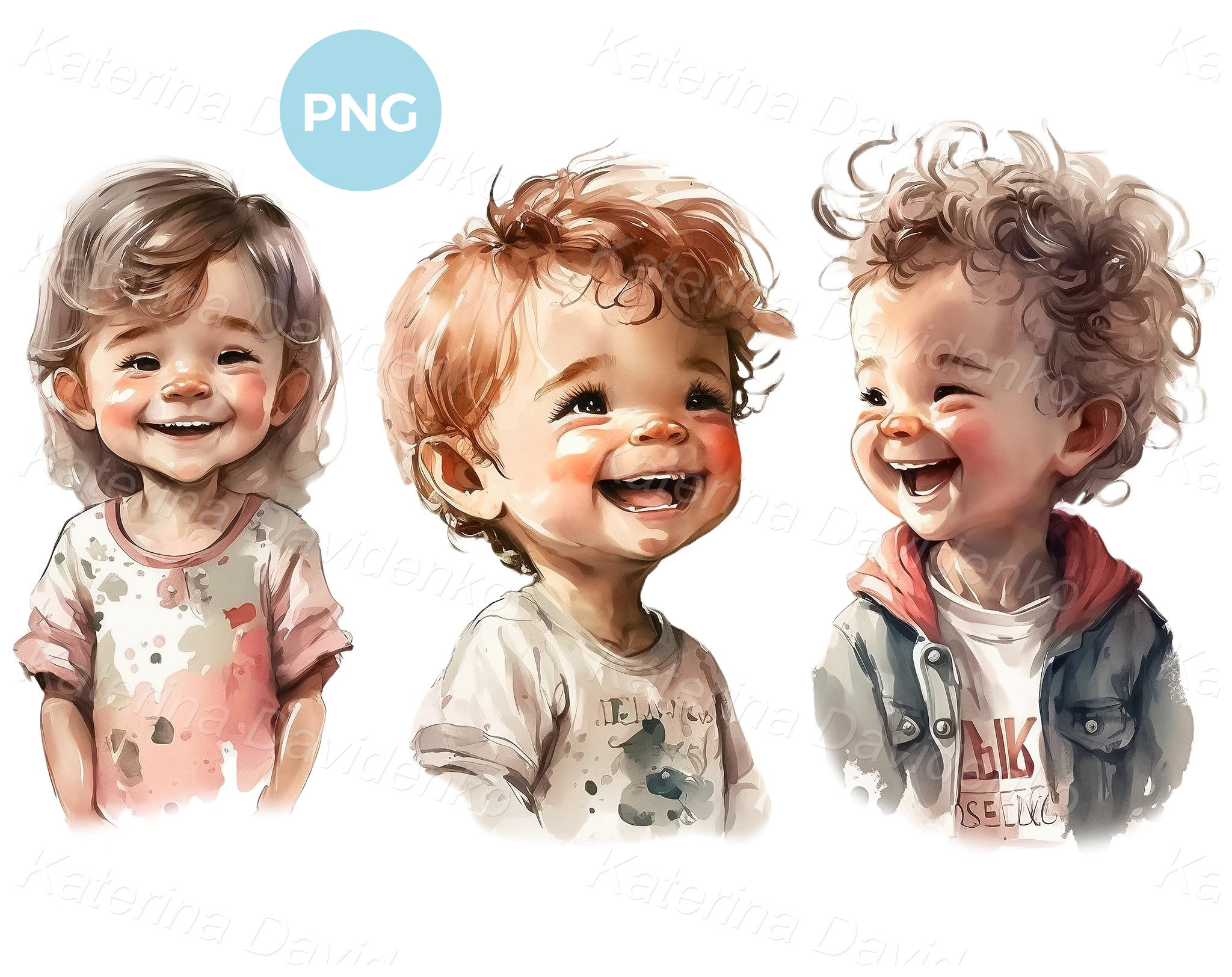 Three Happy Laughing Faces of a Cute Baby Boys and Girl, Watercolor ...