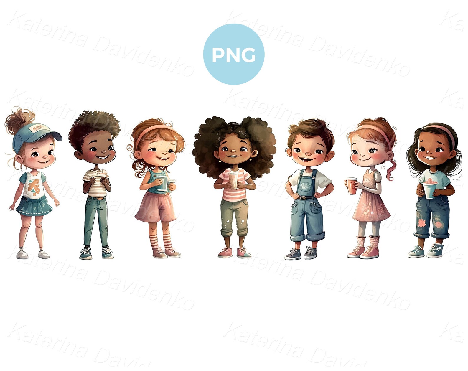Set of Cartoon Happy Kids PNG Clipart. Girls Holding Cups. Children in ...