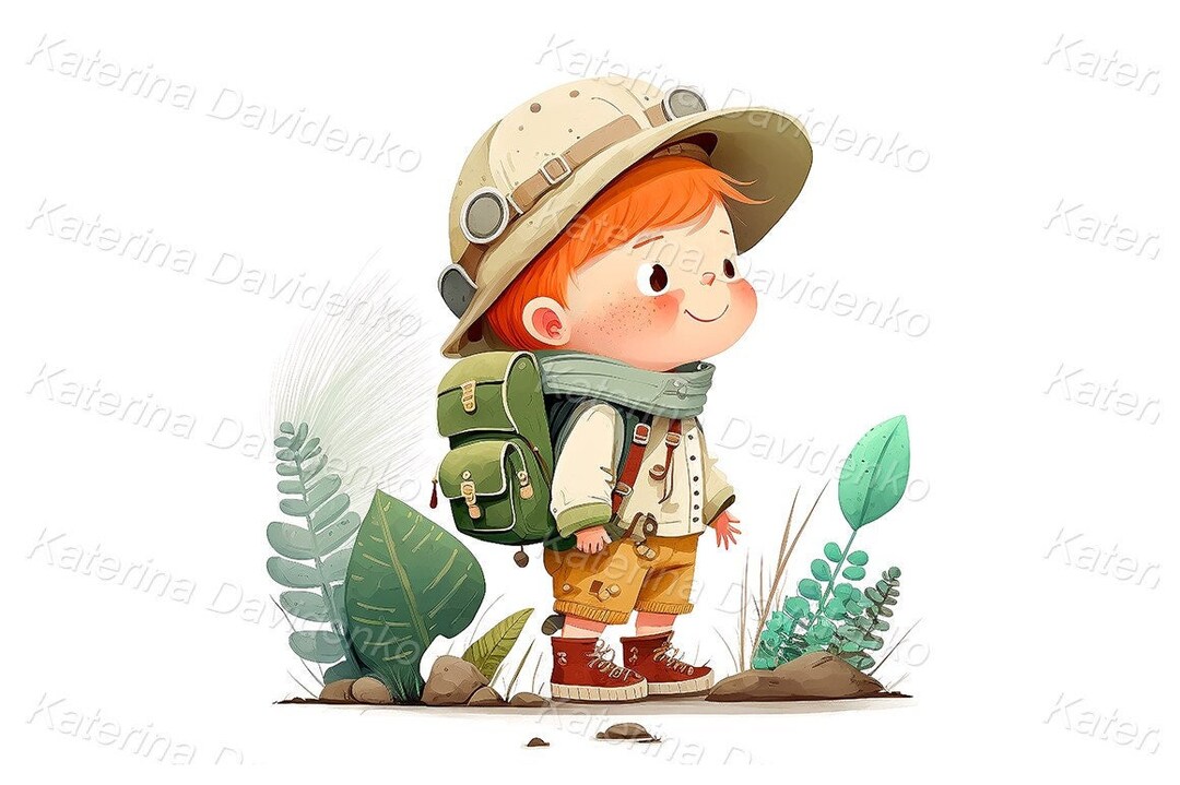 Digital Watercolor Painting of Cute Little Explorer Boy With Backpack ...