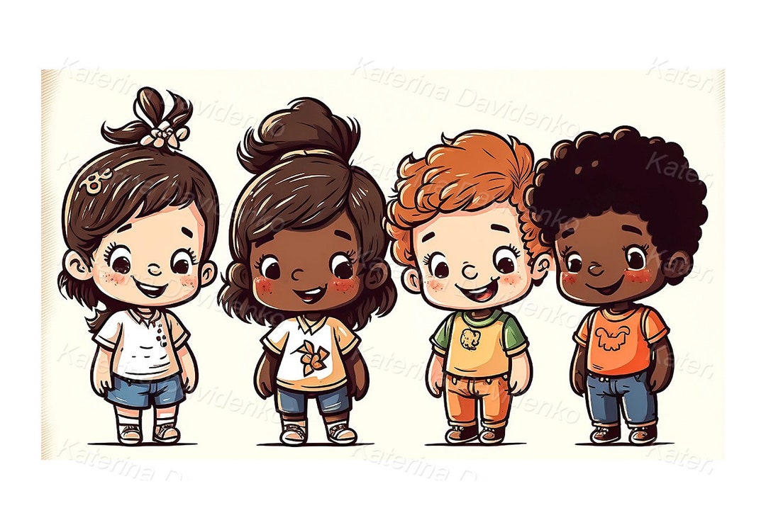 Cartoon Happy Little Kids Clipart. Cute Funny Children Standing in a ...
