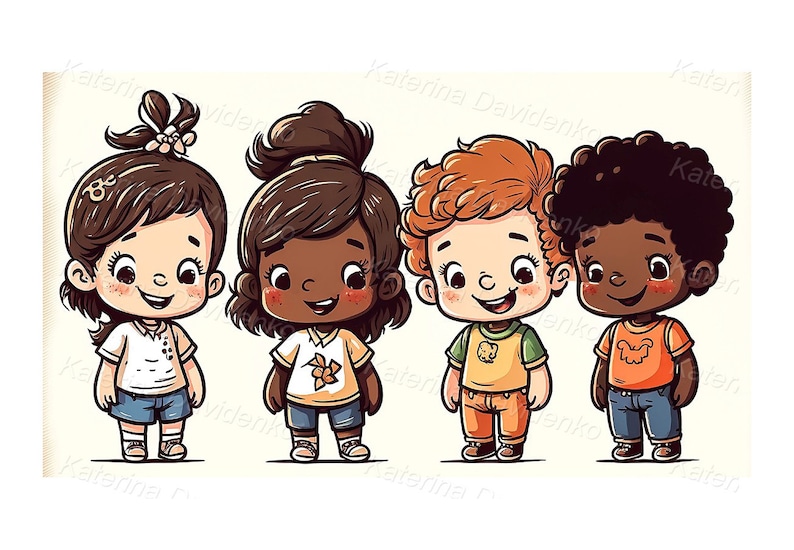 Cartoon Happy Little Kids Clipart. Cute Funny Children Standing in a ...