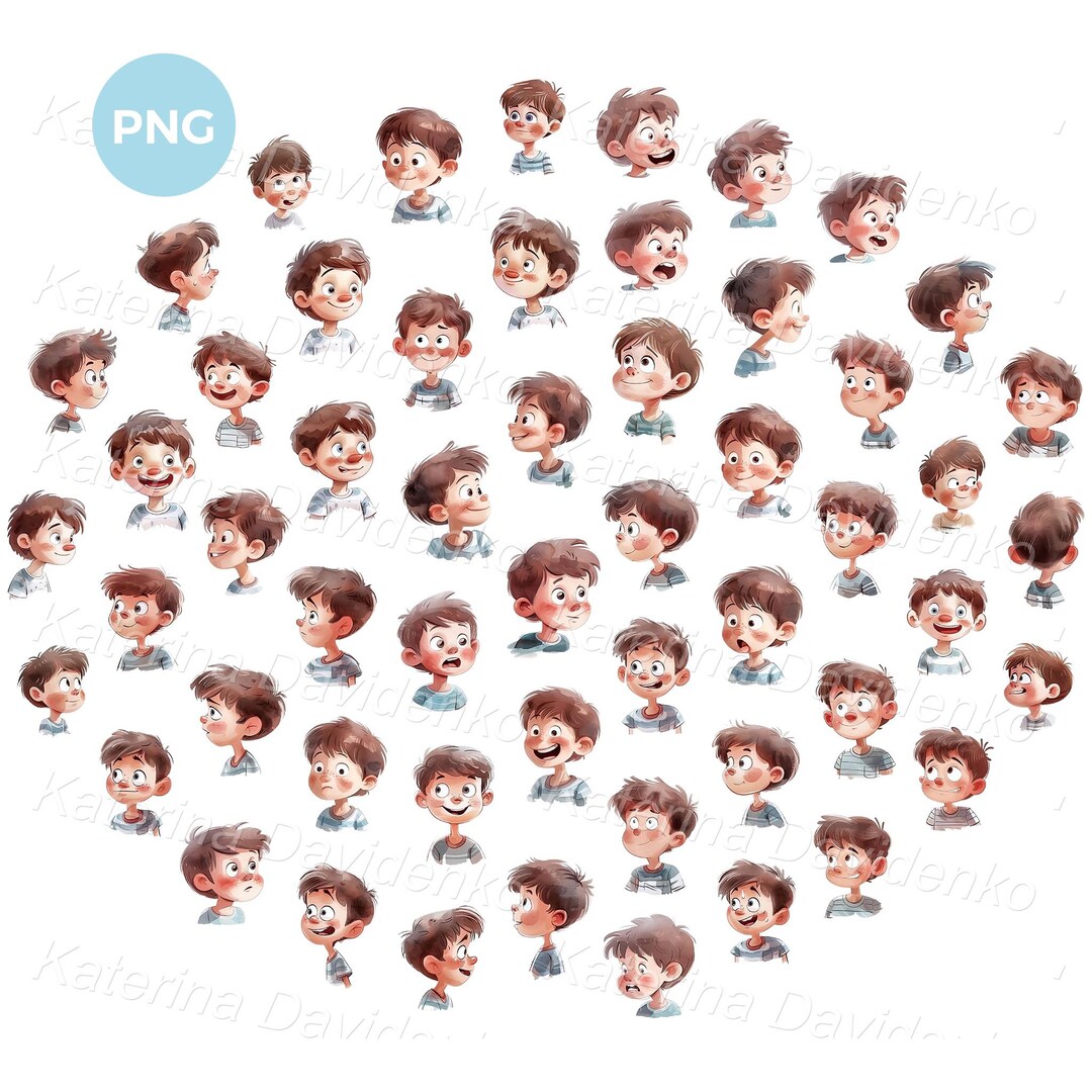 Cartoon Kid With Different Emotions, Boy Face Expressions. PNG ...