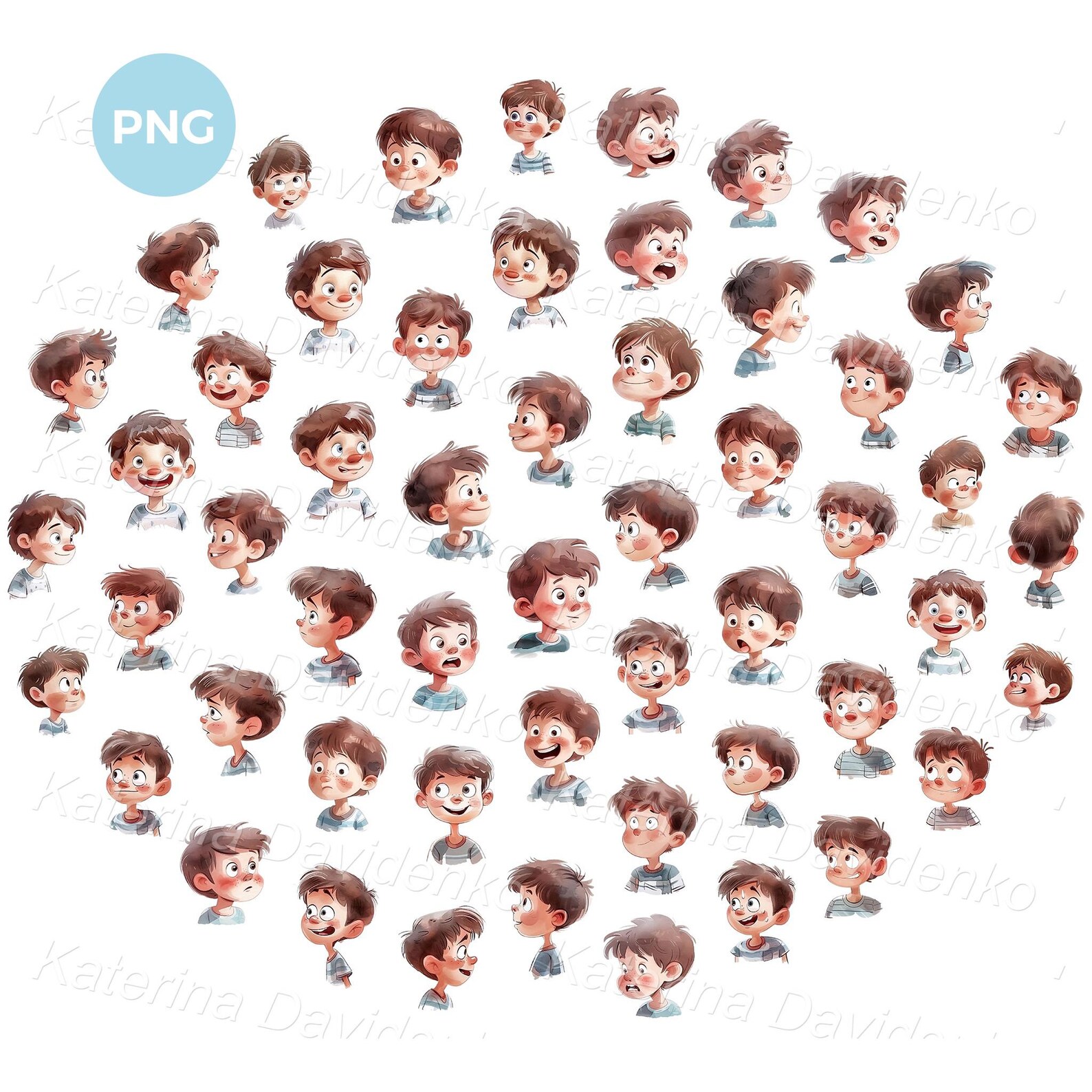 Cartoon Kid With Different Emotions, Boy Face Expressions. PNG ...