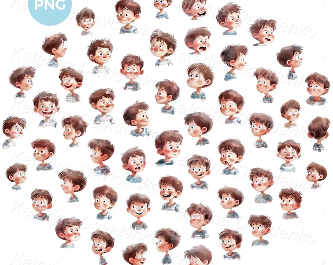 Cute Little Boy With Different Emotions, Watercolor PNG Clipart Set ...
