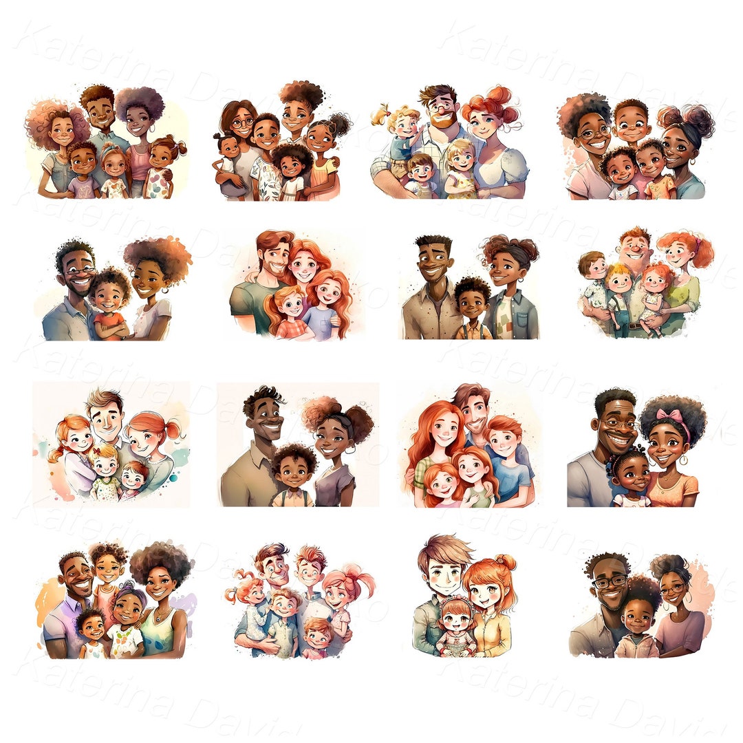 Set of Cartoon Happy Family Clipart. Portraits of Parents With Kids - Etsy