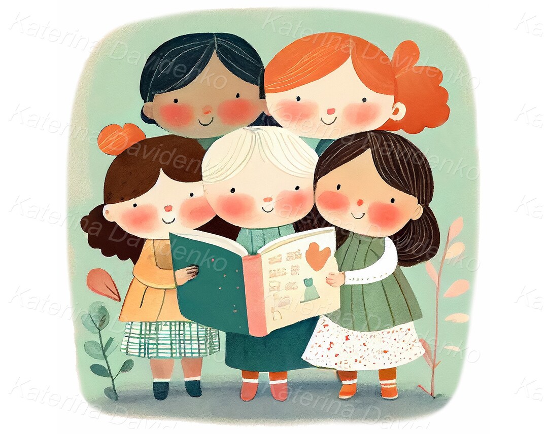 Cartoon Kids With Book. Group of Cute Little Girls Reading a Book ...