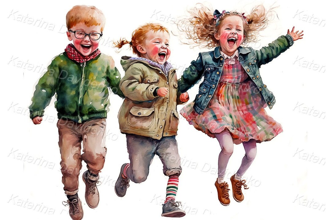 Three Children Jumping With Joy Smiling Kids Clipart Season - Etsy