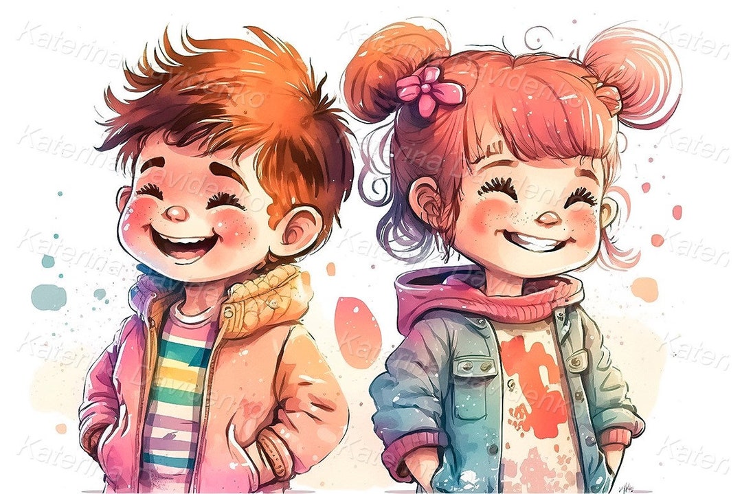 Watercolor Painting of Happy Laughing Little Kids, Boy and Girl ...