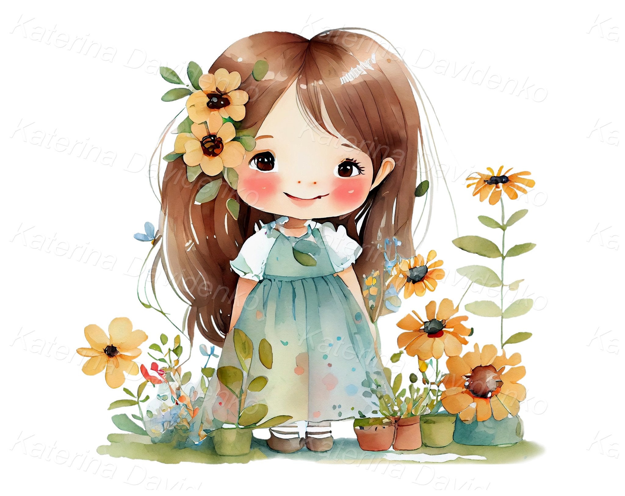 Cute Cartoon Little Kids Walking Outdoors in the Summer Garden With ...