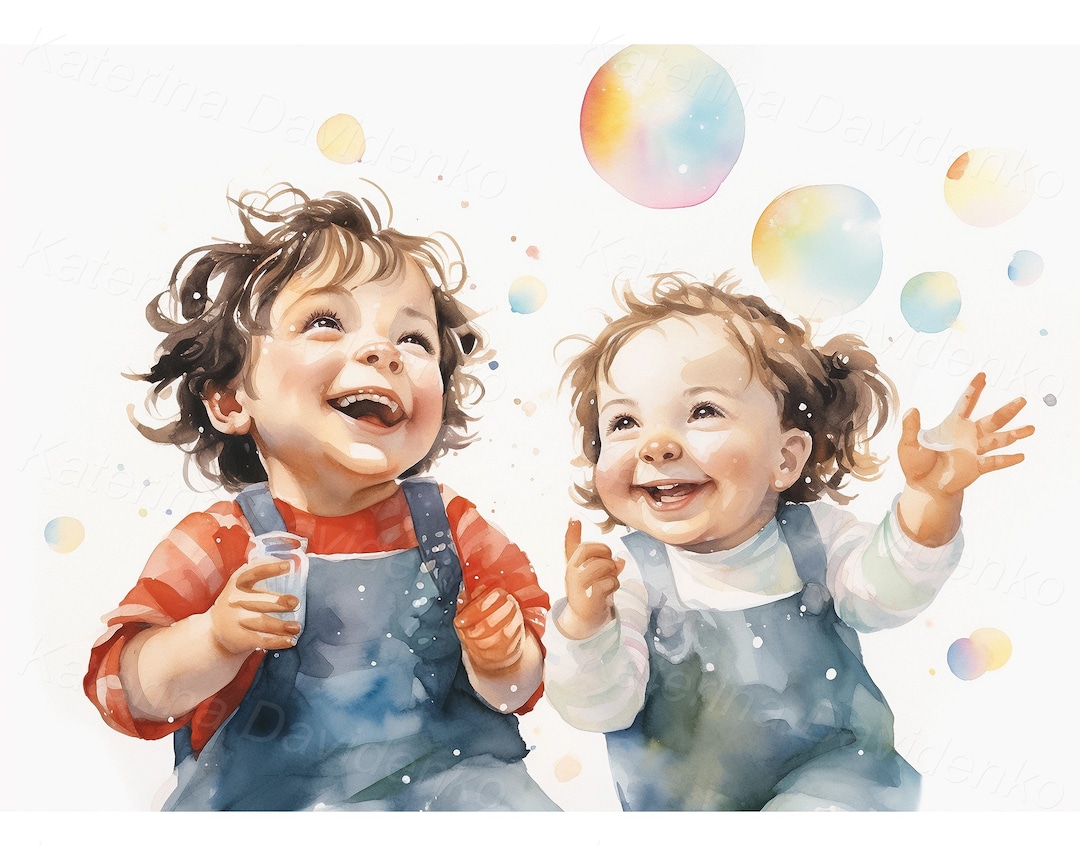 Cute Babies Watercolor Painting Clipart, Happy Little Kids Playing With ...