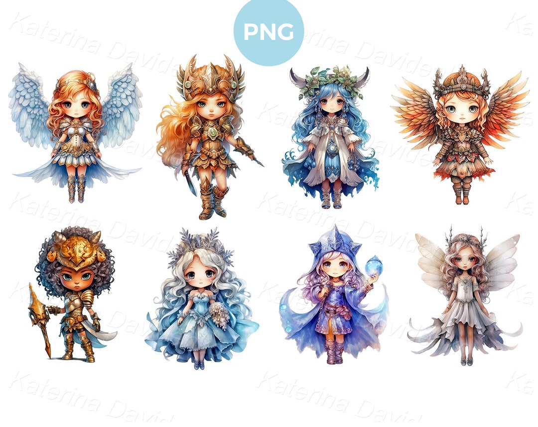 Set of Cute Cartoon Fantasy Characters Girls Angel, Fairy, Princess ...