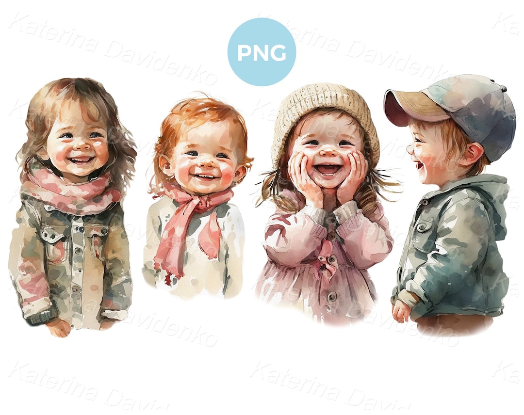 Set of Happy Laughing Faces of a Cute Baby Boys and Girls, Watercolor ...