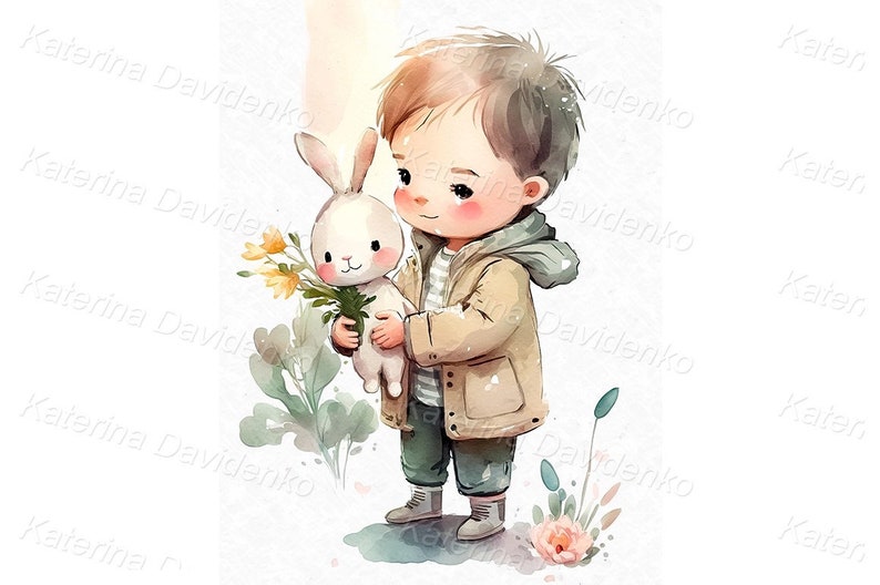 Digital Watercolor Painting of Cute Little Boy With Toy Rabbit and ...