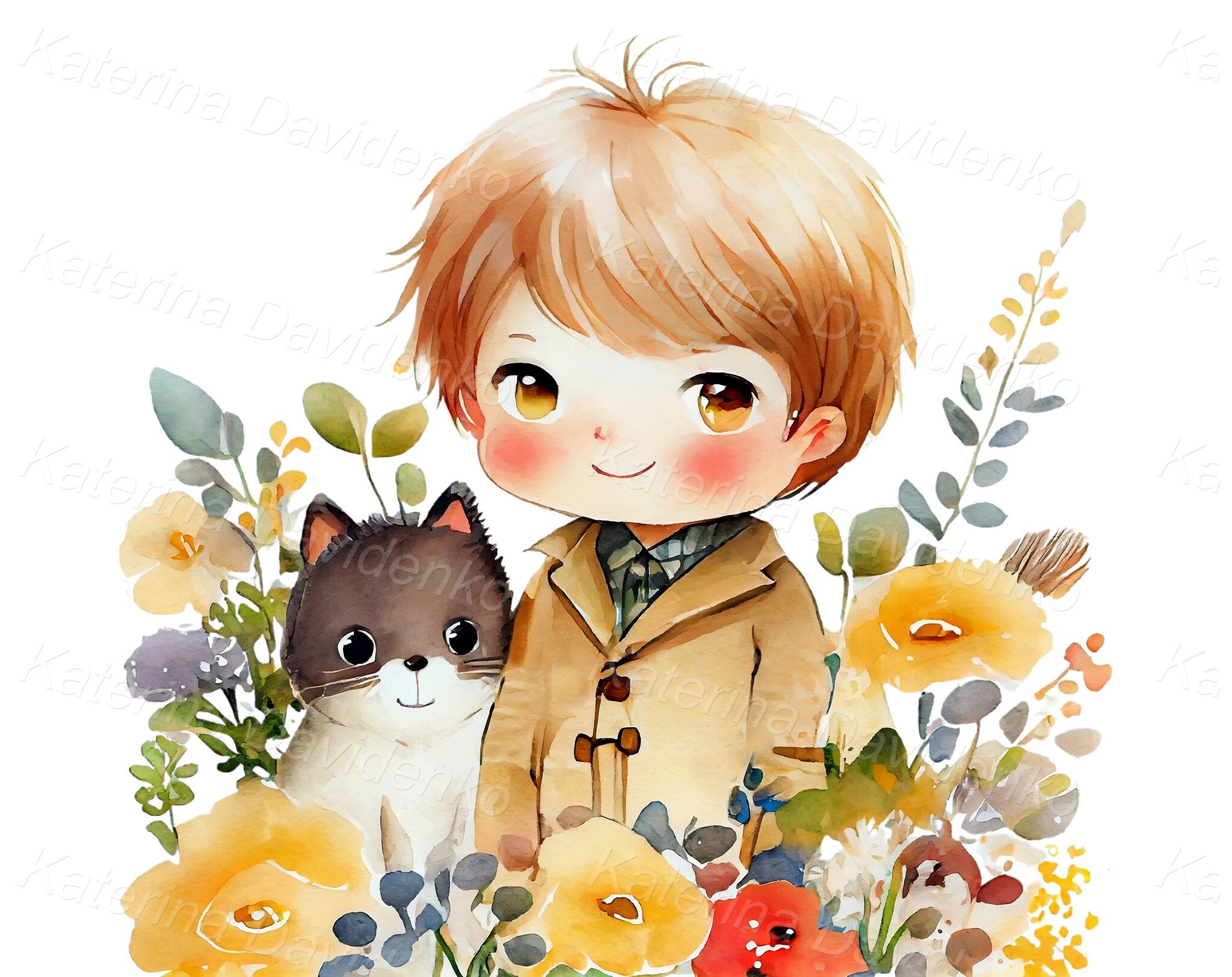 Cute Cartoon Little Kids Walking Outdoors in the Summer Garden With ...