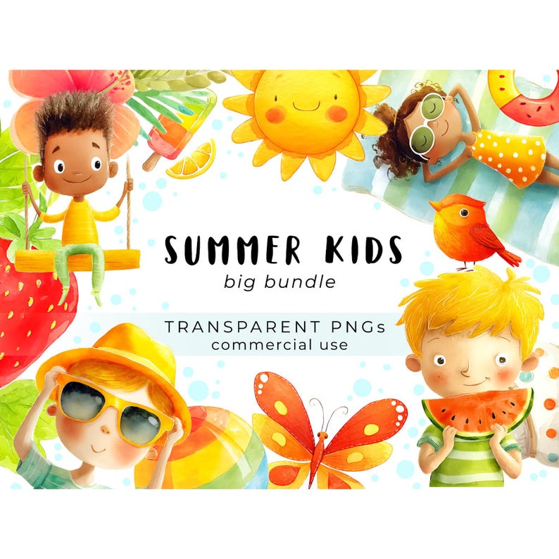 Summer Kids Clipart Bundle PNG, Characters Scenes Patterns Set - Etsy
