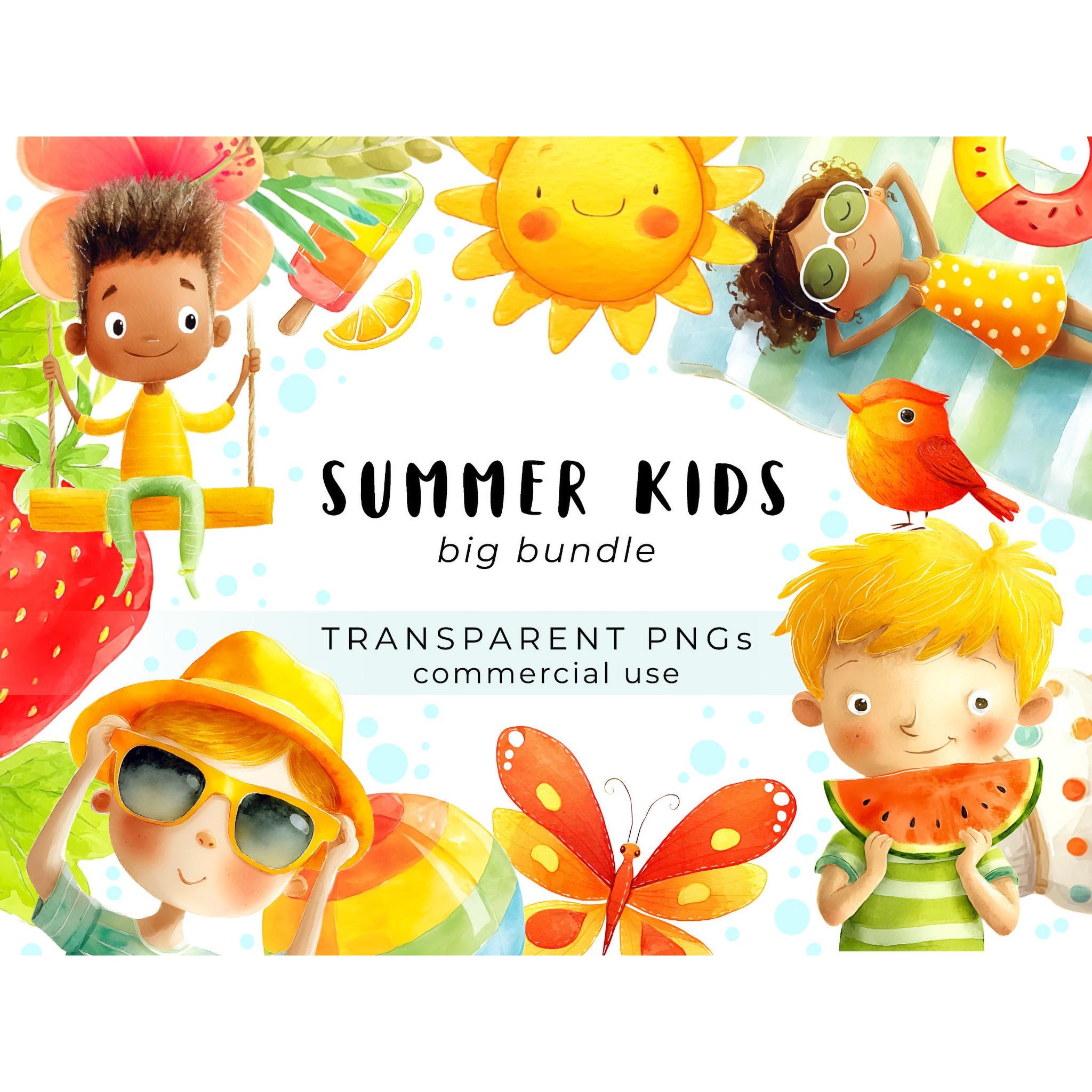Summer Kids Clipart Bundle PNG, Characters Scenes Patterns Set - Etsy