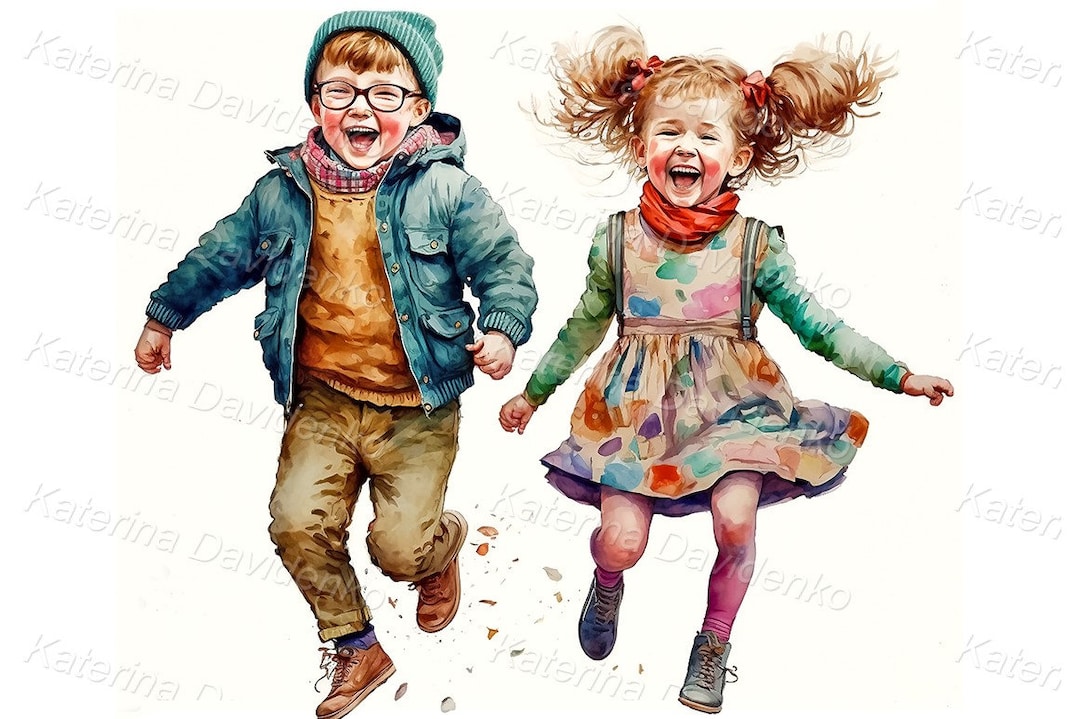 Cute Little Boy and Girl Jumping With Joy. Happy Kids Jumping Together ...