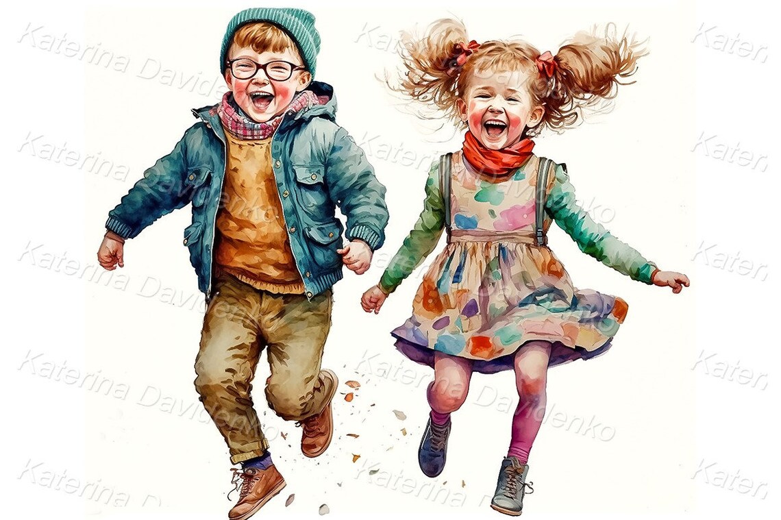 Cute Little Boy and Girl Jumping With Joy. Happy Kids Jumping Together ...
