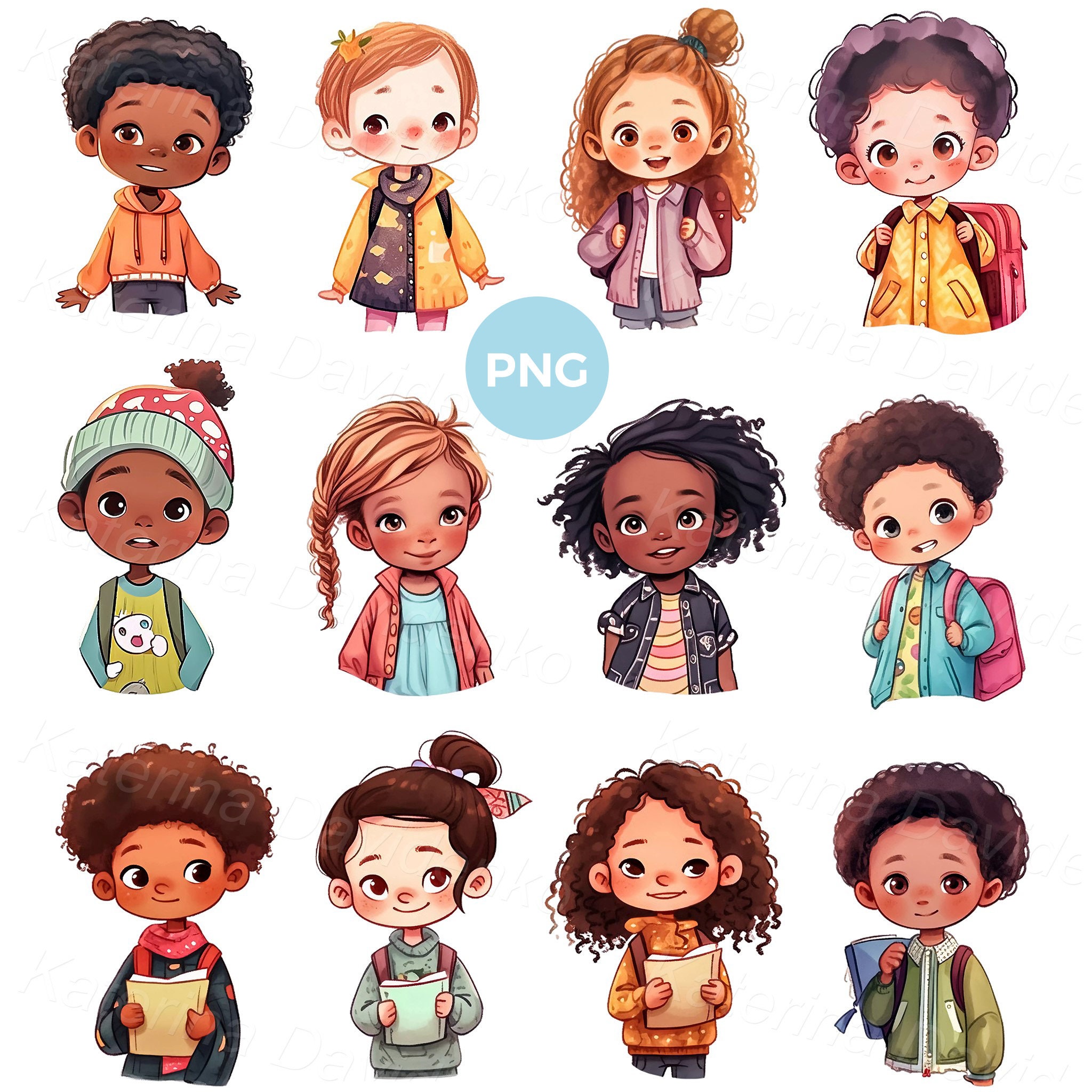 Isolated Cute Cartoon Kids PNG Clipart Set, Children Avatars Web Icons ...