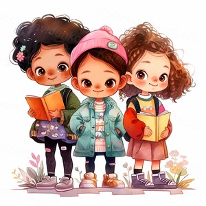 Watercolor Cartoon School Kids With Books. Children PNG Cliparts. Kids ...
