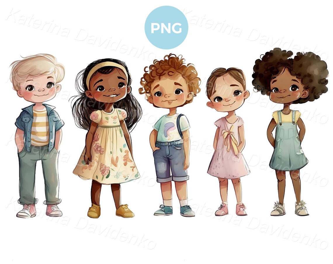 Funny Cartoon Little Multinational Kids in Different Casual Summer ...