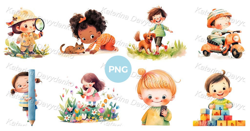 Watercolor Cartoon Kids Summer Activities Clipart Set. Children Outdoor ...