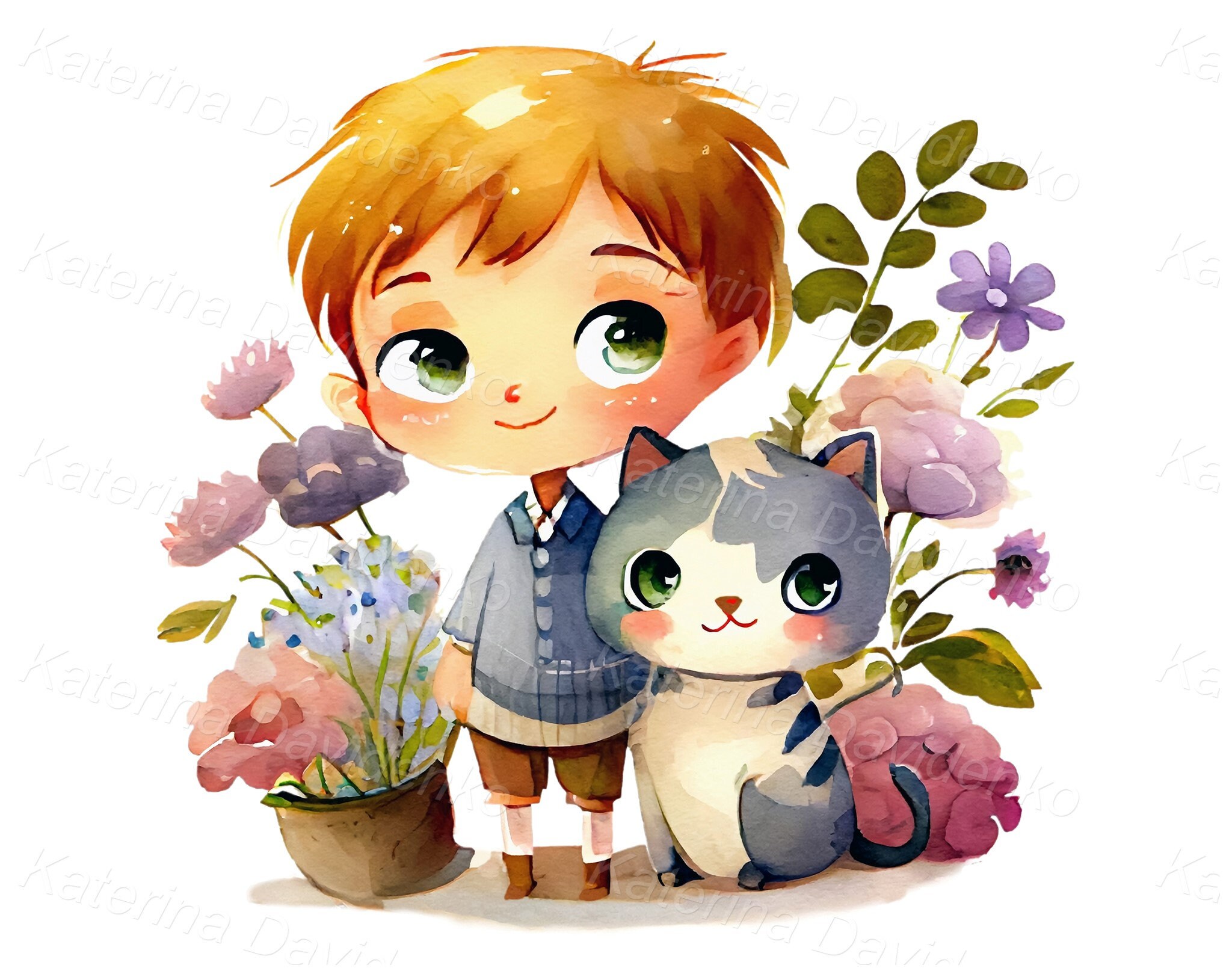 Cute Cartoon Little Kids Walking Outdoors in the Summer Garden With ...