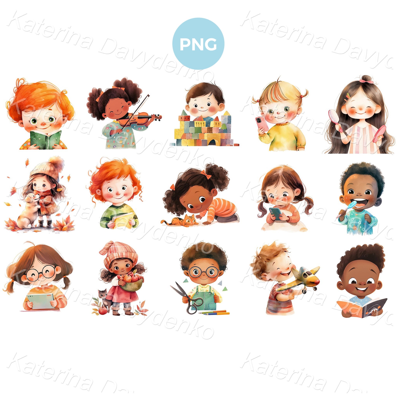 Watercolor Cartoon Kids Activities Clipart Set. Children Daily Routine ...